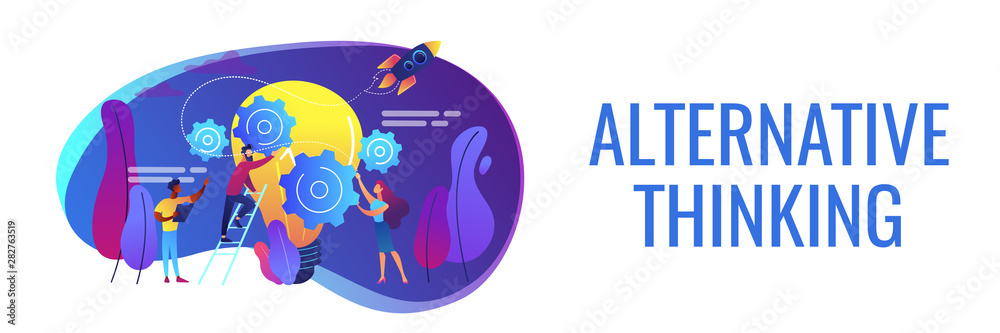 Tiny business people generating ideas and holding gears at big light ...