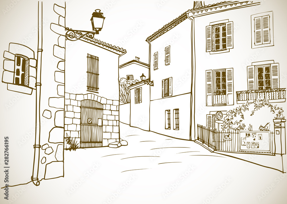 Old street in romantic Provence, France. Urban background in hand drawn ...