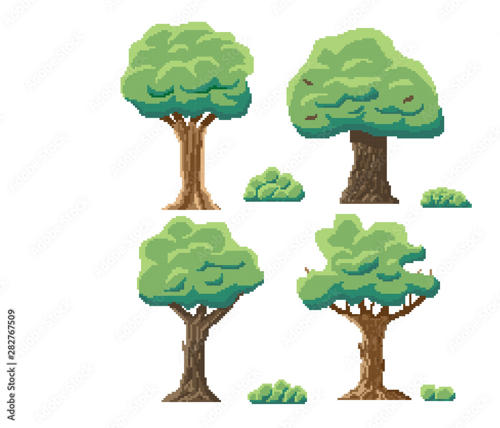Indie-style set of green trees in an 8-bit indie arcade game. pixel art ...