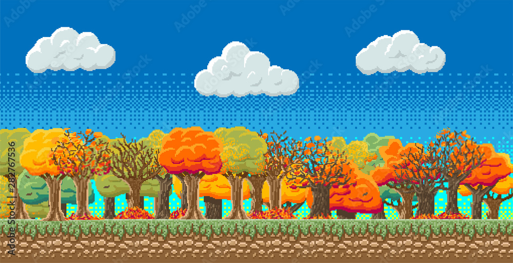 8bit indie arcade game scene, blue sky with clouds, 28 different autumn ...