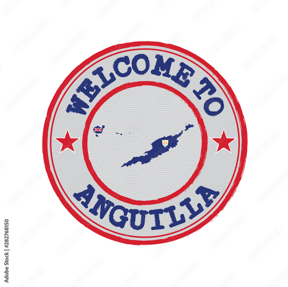 Vector stamp of welcome to Anguilla with map outline of the nation in ...