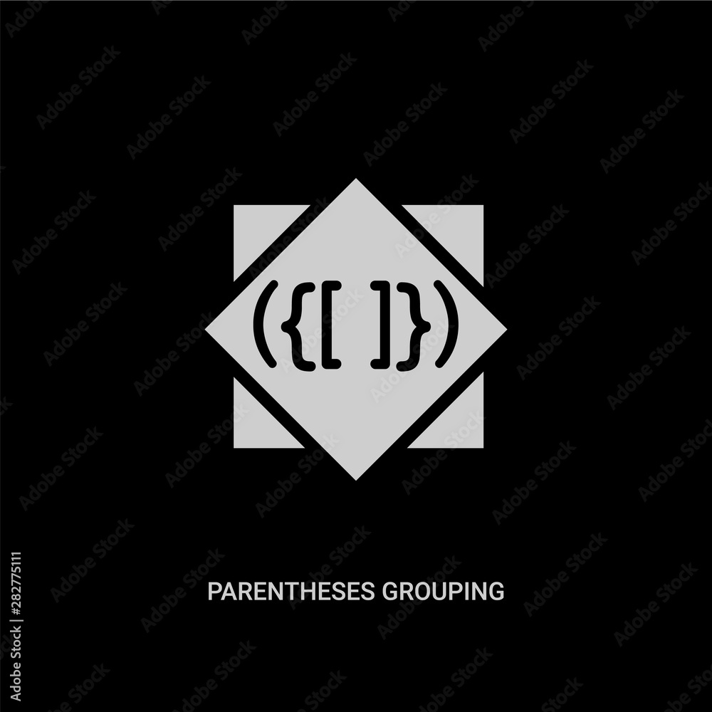 white parentheses grouping vector icon on black background. modern flat ...
