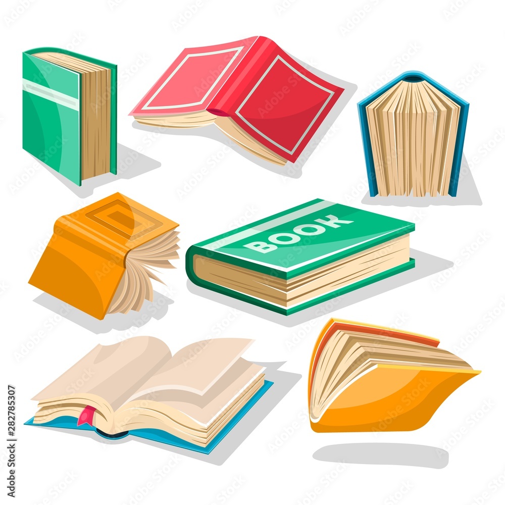 Big set with red, yellow, green, blue opened and closed textbooks ...