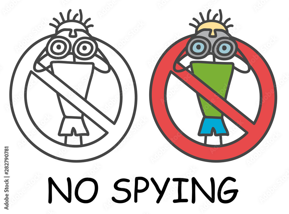 Funny vector stick man with a binoculars in children's style. No spying ...