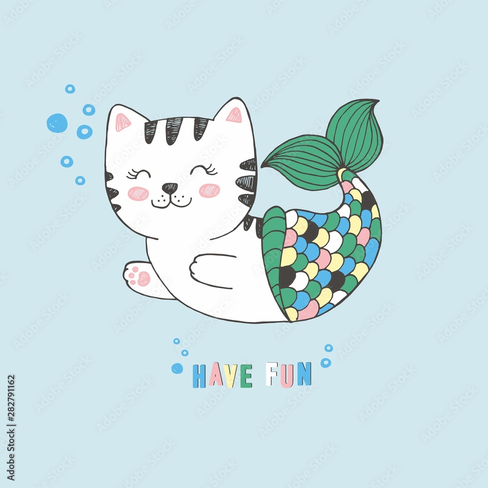 Vector hand drawn illustation of kawaii anime cat mermaids with fish ...