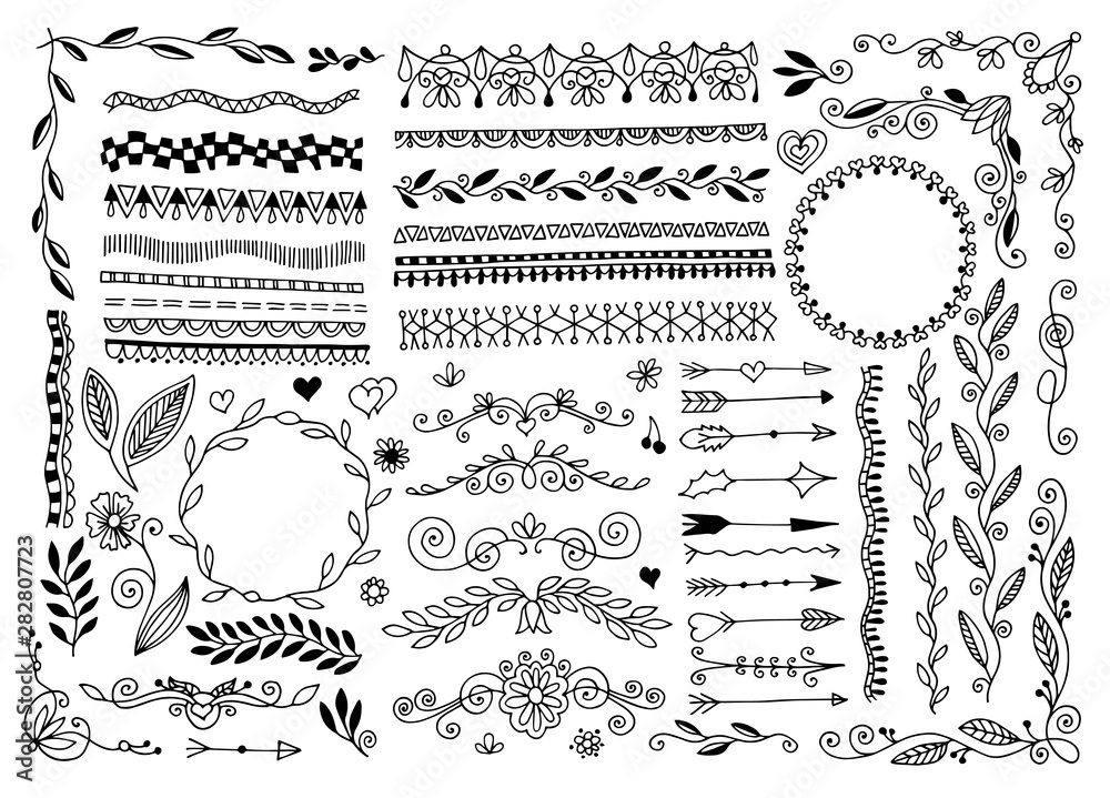 set of hand drawing doodle page divider, border, corner in doodle ...