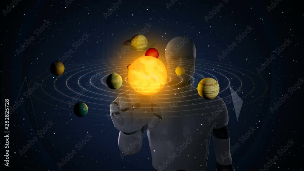Robot, cyborg touching solar, spread solar system, space science, 4k ...