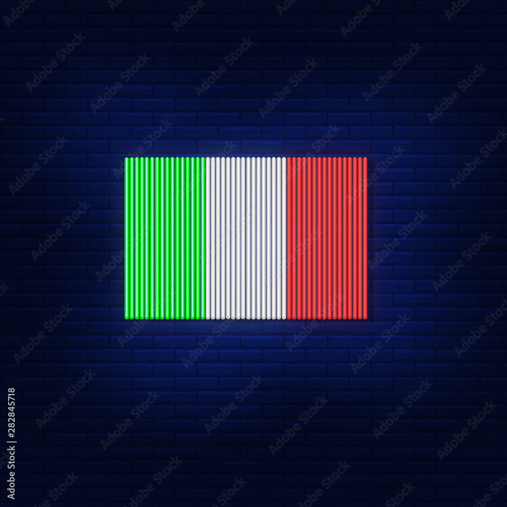 Neon lights of the Italian flag. Bright advertising of the country ...