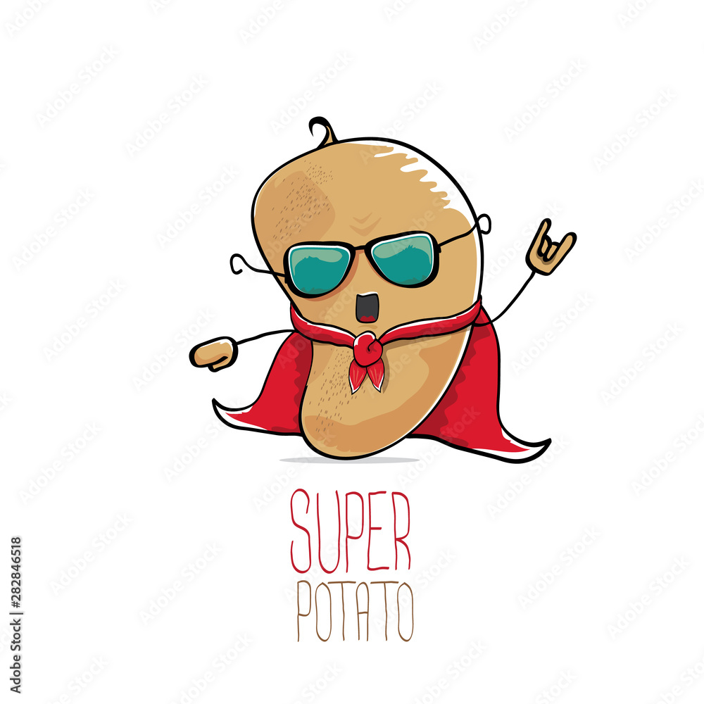 vector funny cartoon cute brown super hero potato with red hero cape ...