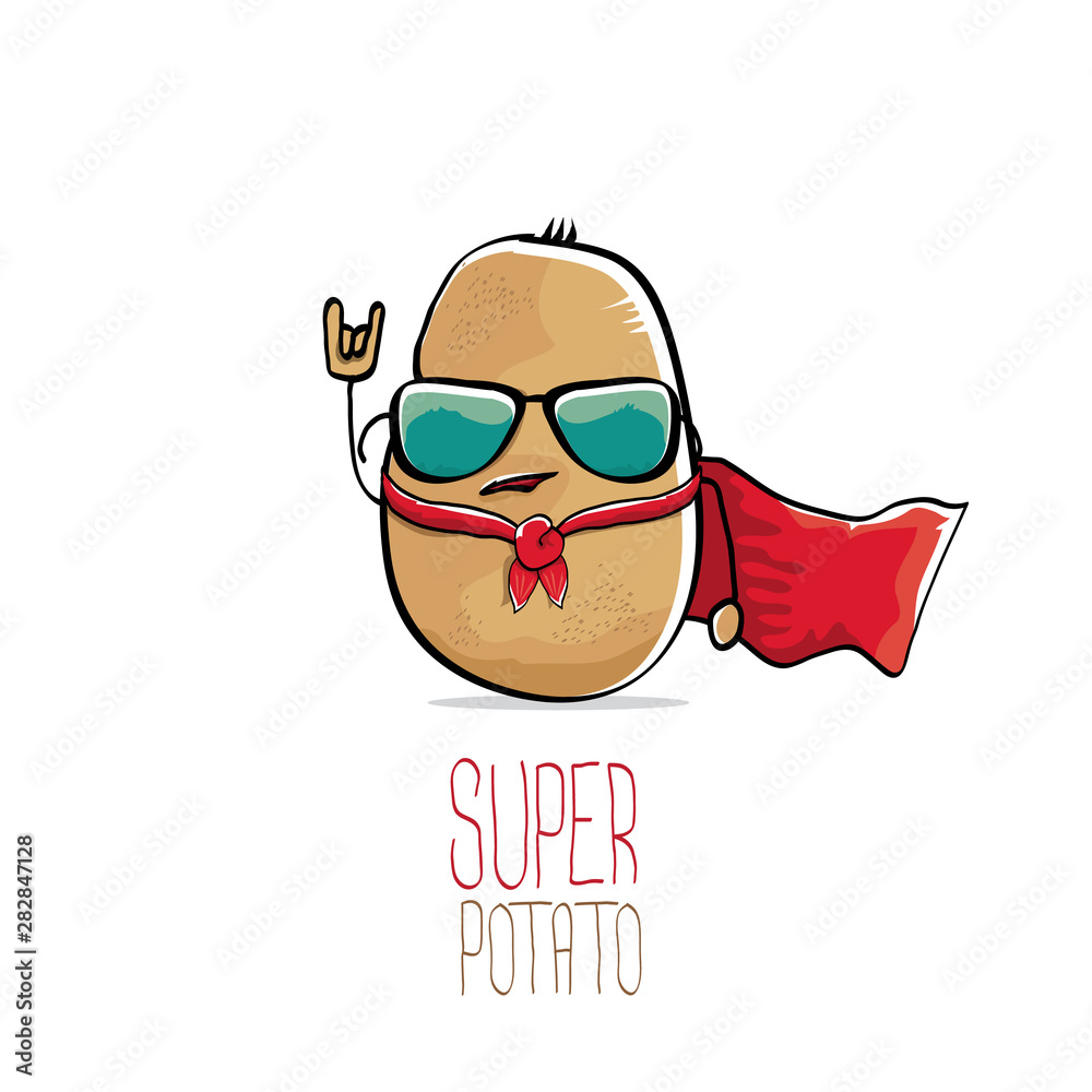 vector funny cartoon cute brown super hero potato with red hero cape ...