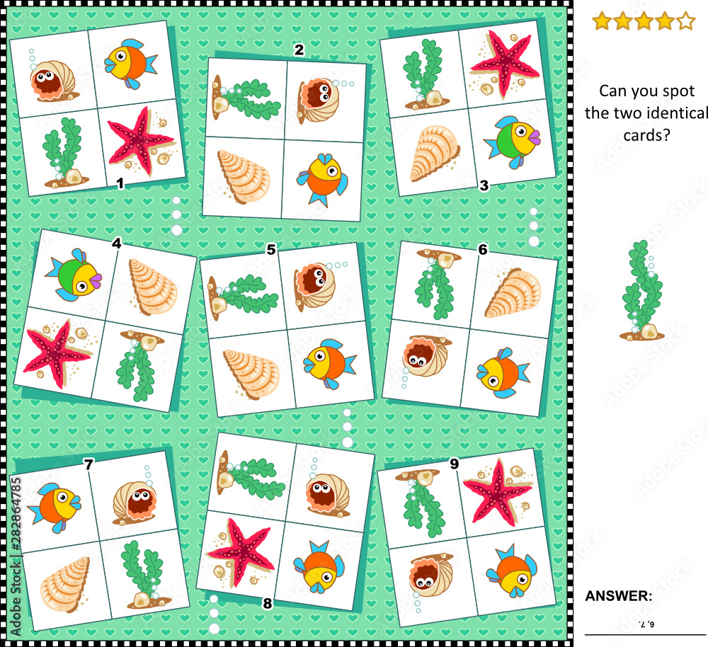 Visual logic puzzle underwater life themed: Find the two identical ...