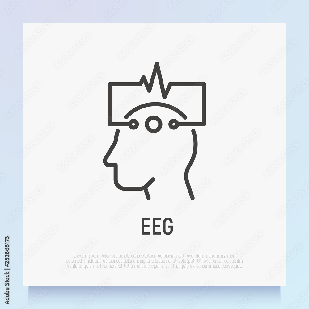 EEG: human head with electrodes thin line icon. Medical research ...
