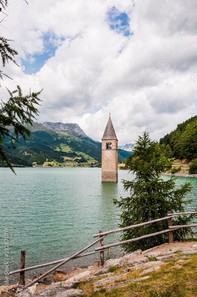 Reschen, Turm, Reschensee, Reschenpass, Passstrasse, Uferweg, Vinschgau ...