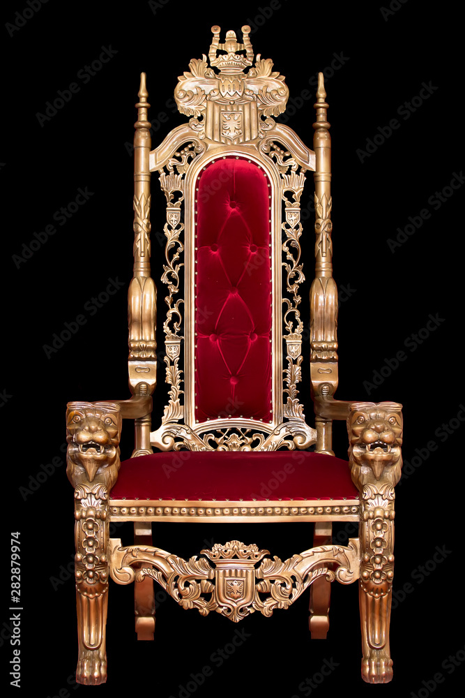Red royal chair isolated on black background. Place for the king ...
