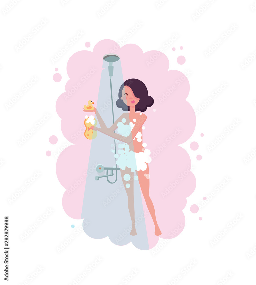 Full length portrait of brunette young beautiful woman taking a shower ...