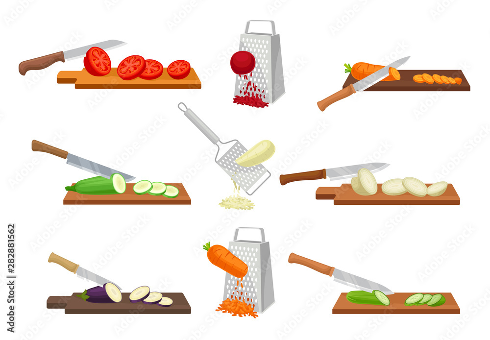 Set of images of vegetables chopped with a knife and grated. Vector ...