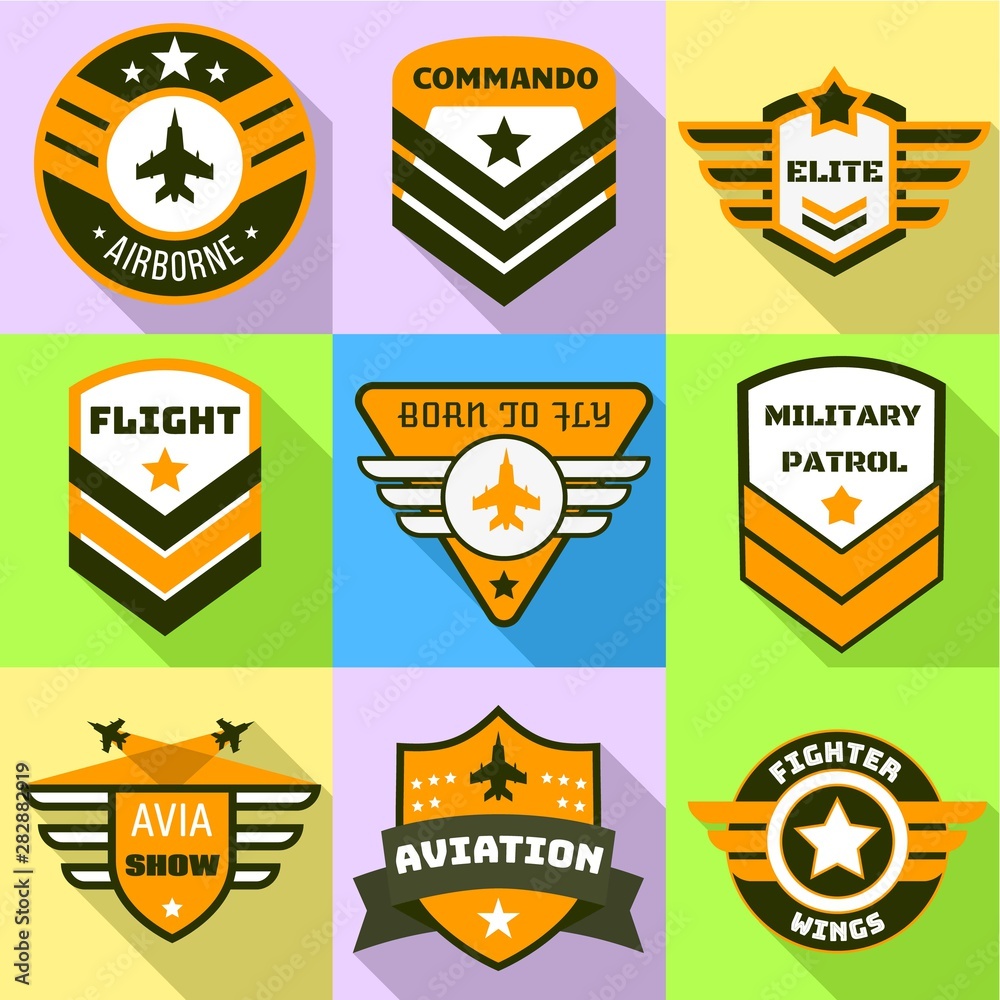 Military patrol logo set. Flat set of 9 military patrol vector logo for ...