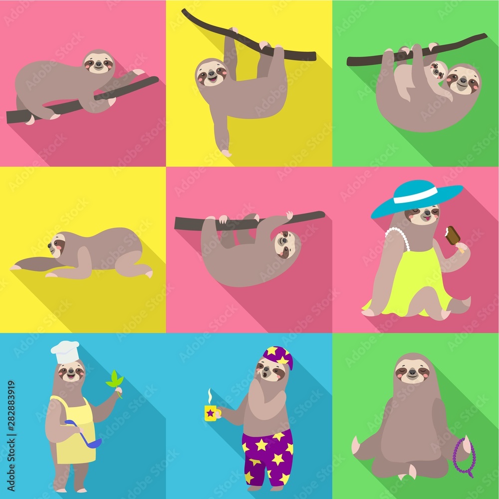 Cute sloth icon set. Flat set of 9 cute sloth vector icons for web ...