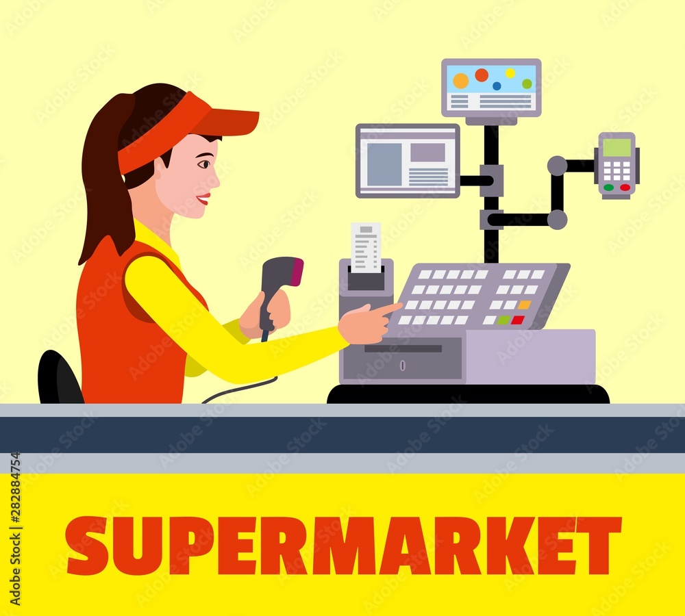 Supermarket cashier concept background. Flat illustration of ...