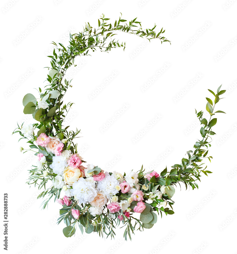 Circle frame from branches, leaves and flowers. Wreath from plants and ...