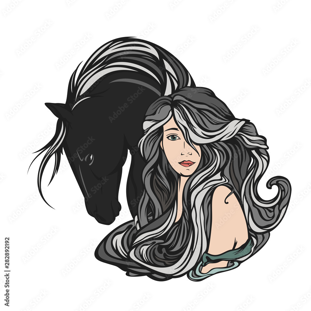 beautiful fairy tale woman with long gorgeous hair and her wild horse ...