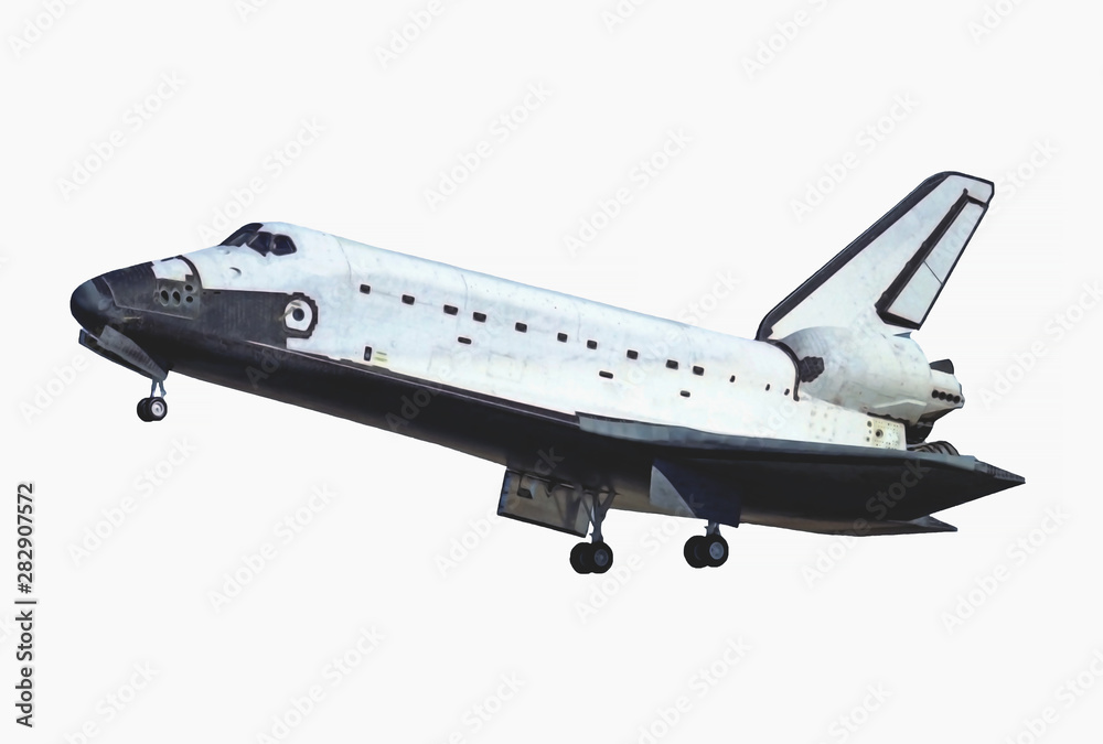 The space shuttle, during take-off, isolated on a white background ...