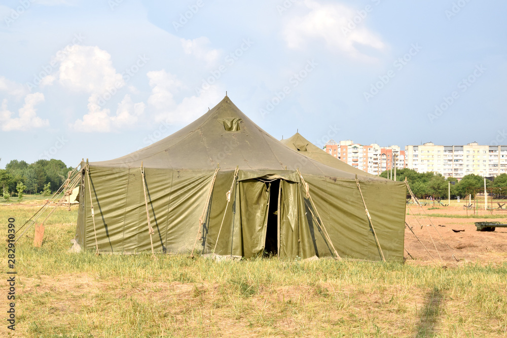 large army tent installed and ready for use Stock Photo | Adobe Stock