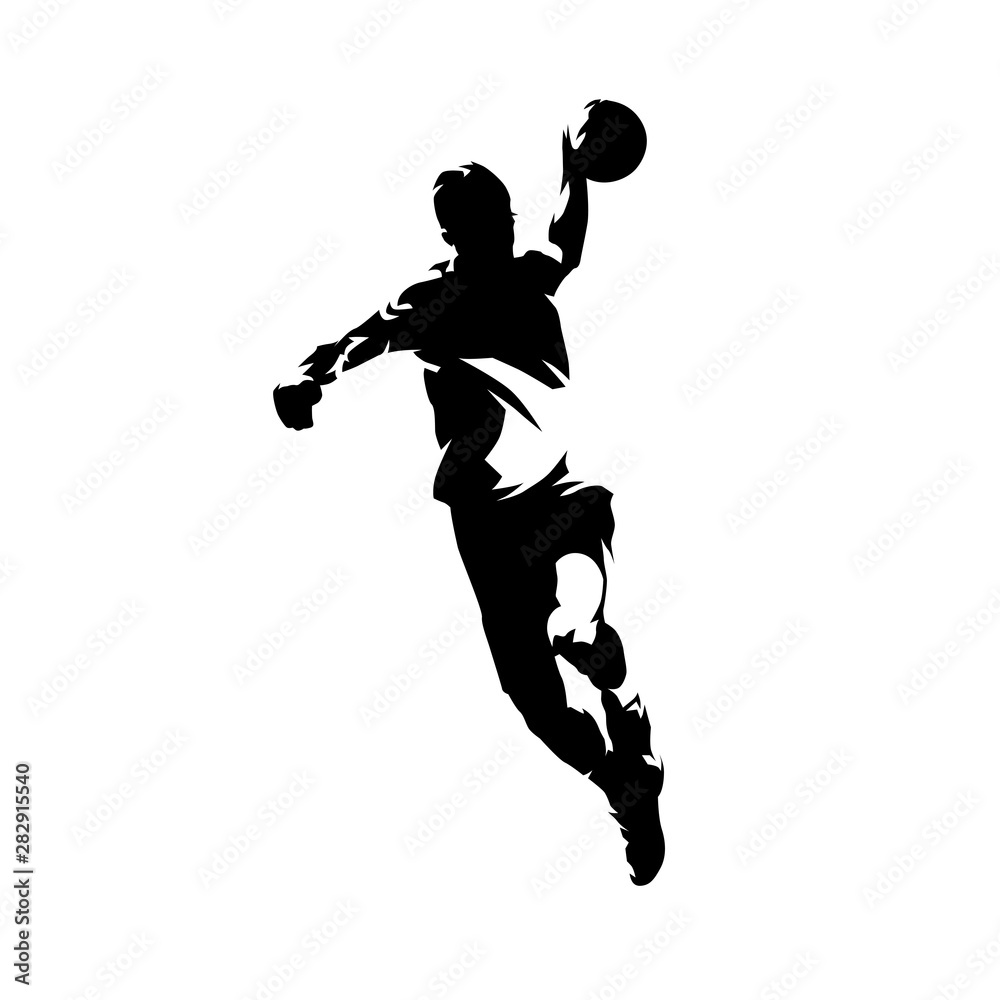 Handball player throwing ball and scoring goal, ink drawing isolated ...
