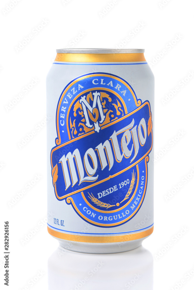 IRVINE, CA - AUGUST 15, 2016: Montejo Beer Can on white with reflection ...