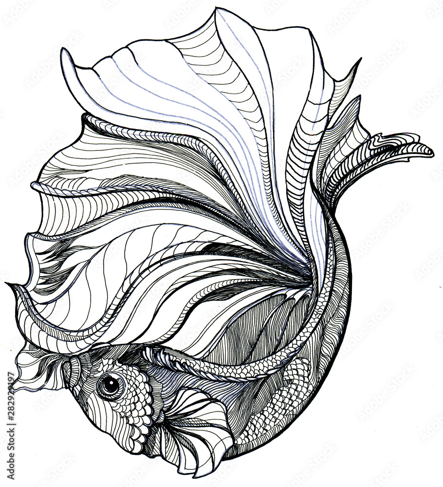 black and white doodle fish illustration Stock Illustration | Adobe Stock