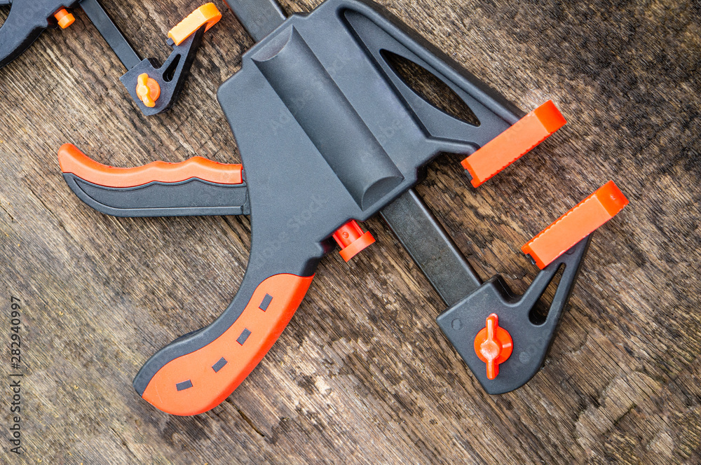 Clamp joiner's black with red overlays, rack and pinion Stock Photo ...