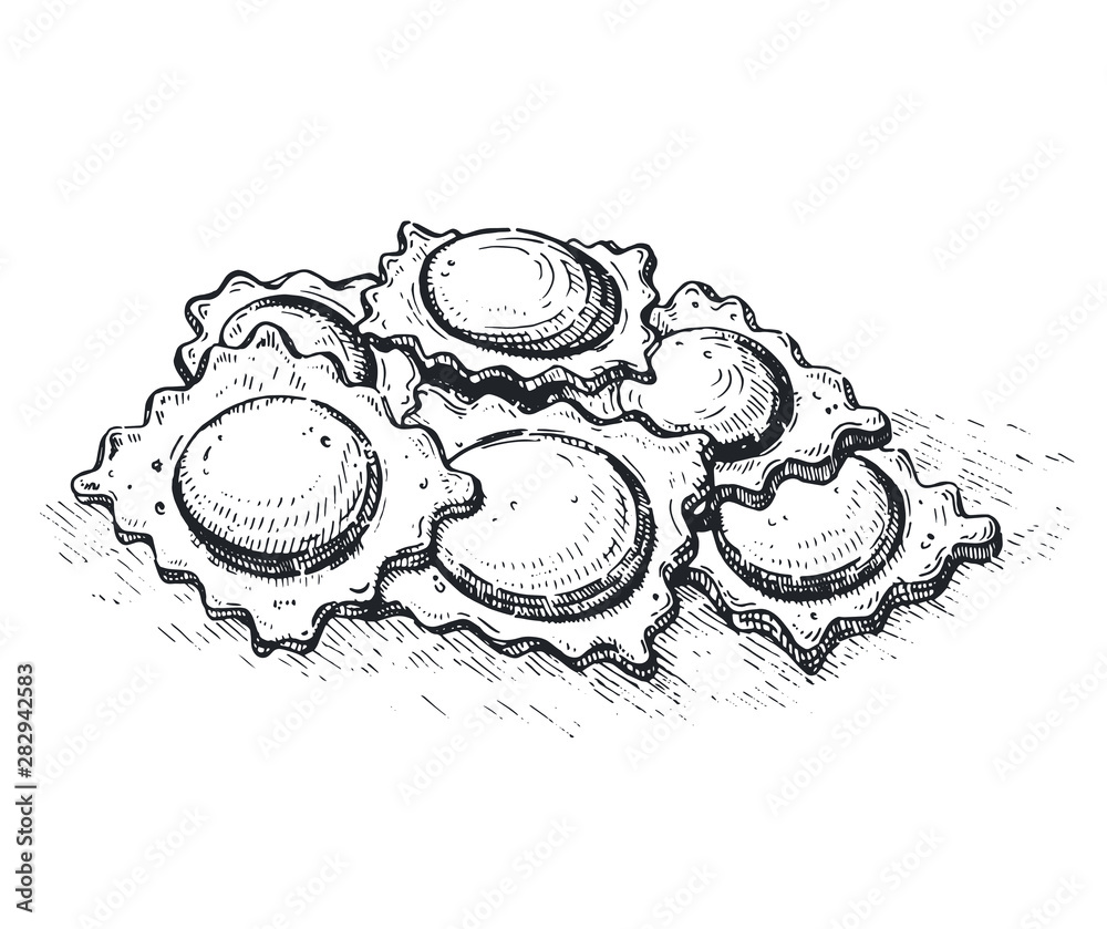 Vector hand drawn ravioli. Dishes of Italian cuisine. Detailed retro ...