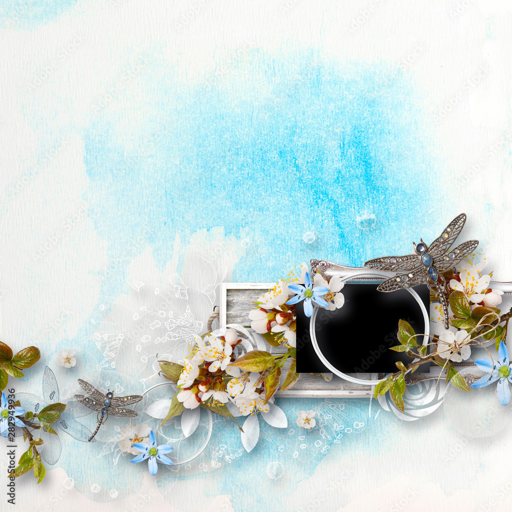 Decorative frame in scrapbook style with blue background. Summer or ...