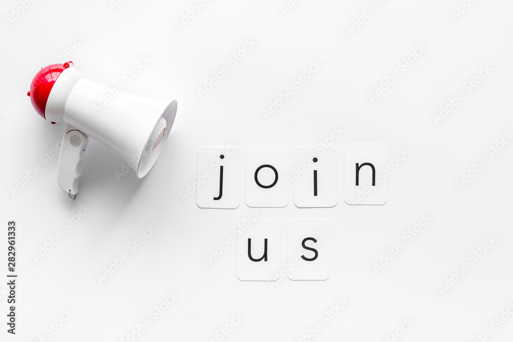 Join us text for announcement and megaphone on white background top ...