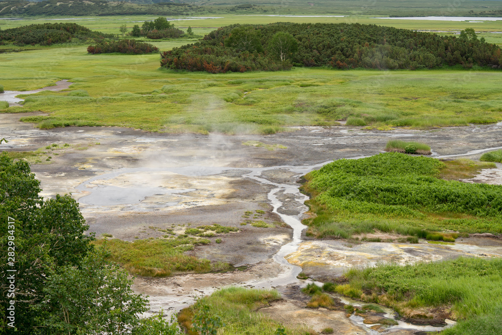 Panorama of hot springs, boiling mud pools and warm toxic lakes in Uzon ...