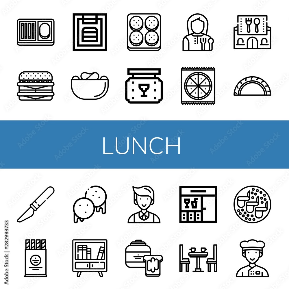 Set of lunch icons such as Meal, Cheeseburger, Menu, Crisps, Burger ...