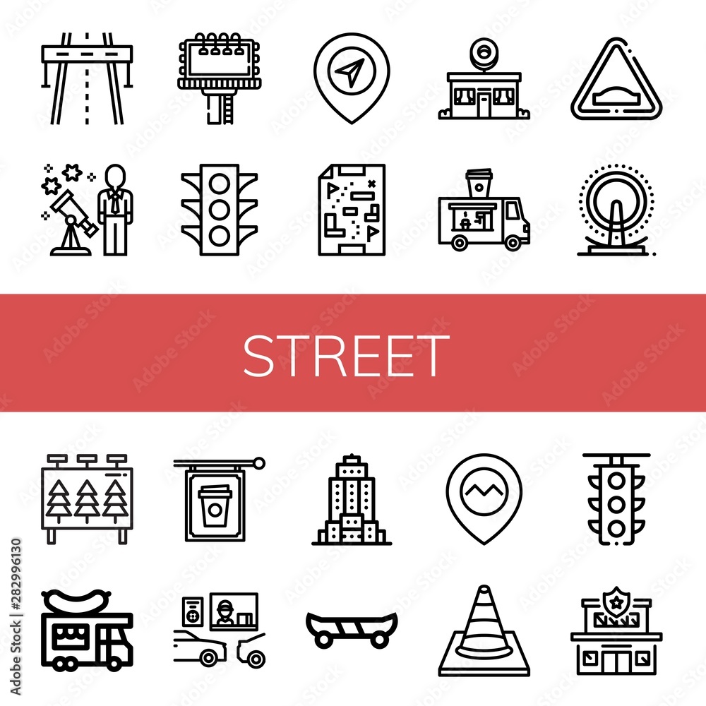 Set of street icons such as Highway, Stargazing, Billboard, Traffic ...