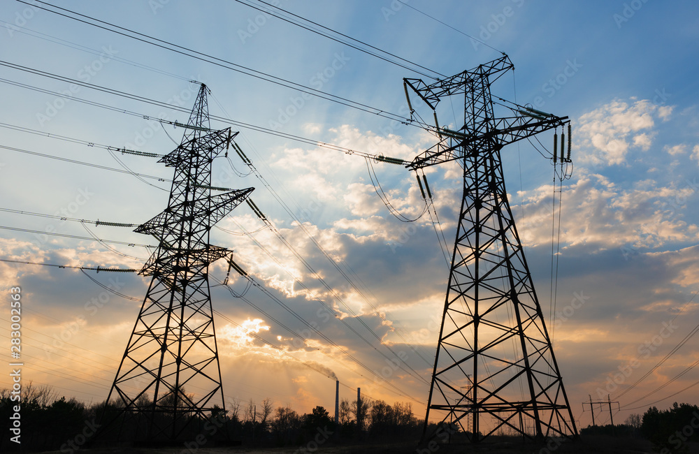 High-voltage power lines. Electricity distribution station. high ...
