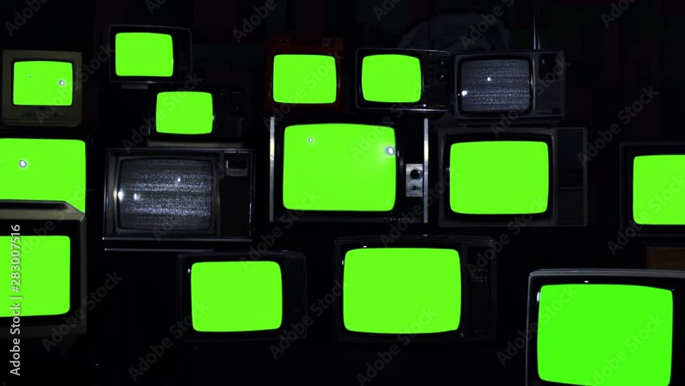 Stacked Retro TVs Turning On And Off Green Screens. Blue Tone. Zoom Out ...