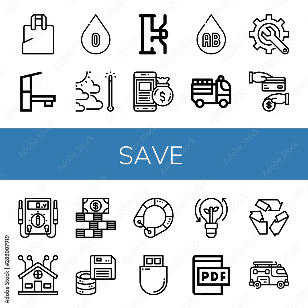Set of save icons such as Plastic bag, Tap, Blood type, Global warming ...