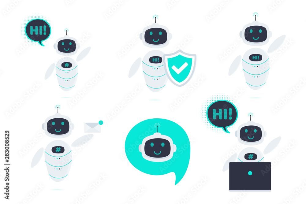 Robot chatbot icon sign flat style design vector illustration set ...
