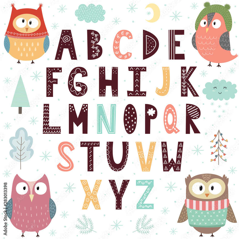 Alphabet with cute owls for children. Educational poster Stock Vector ...