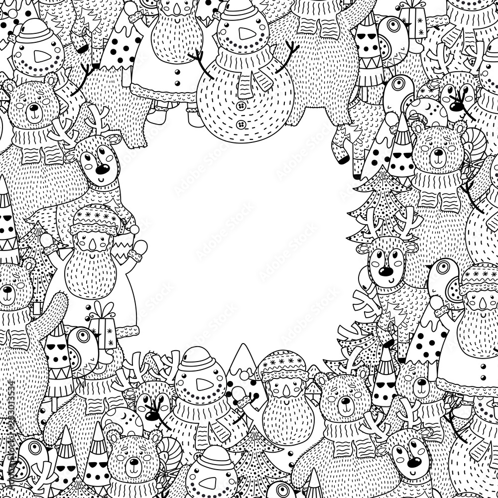 Black and white Christmas frame in coloring page style Stock Vector ...