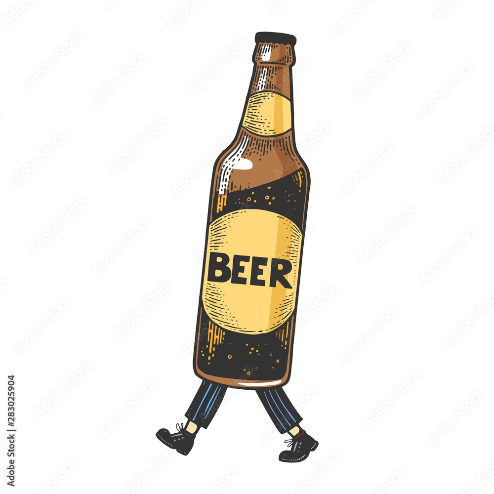 Beer bottle walks on its feet color sketch engraving vector ...
