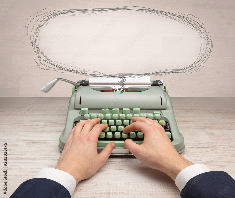 Typewriter with doodles, idea, message, plane, car balloon social media ...