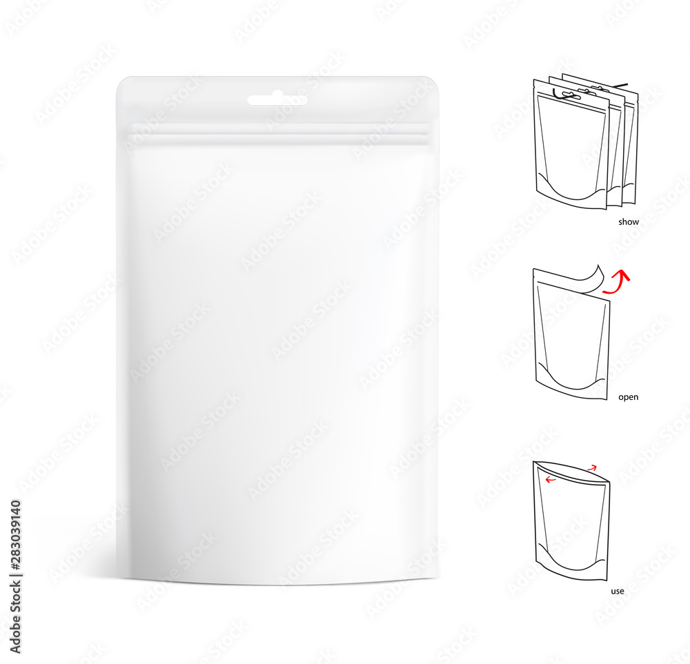 Food pouch bags isolated on white background with infographic. Vector ...