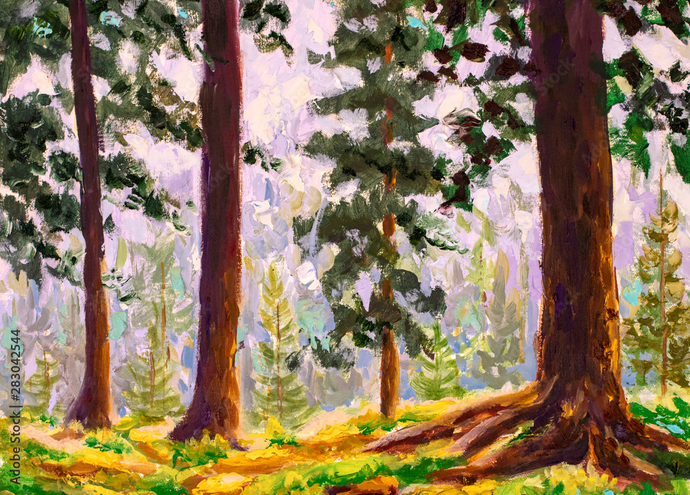 Oil painting expressionism art. Summer landscape illustration. Big ...