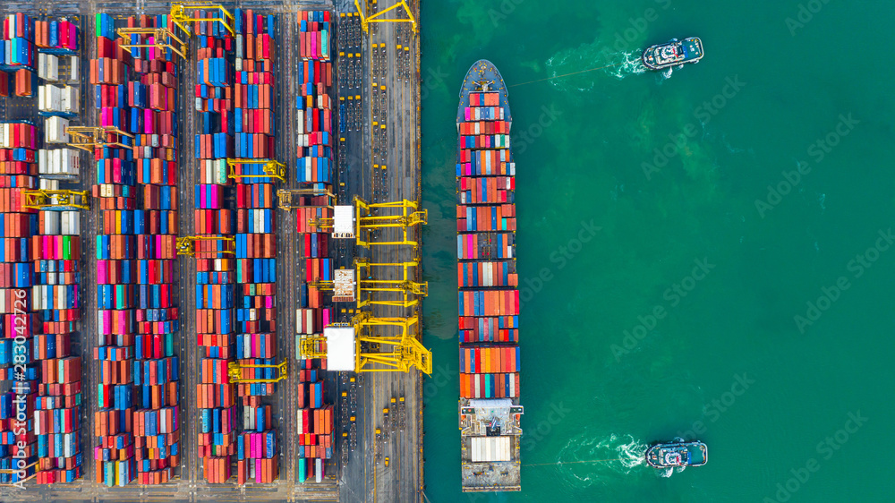 Container ship working at industrial port, Business import and export ...