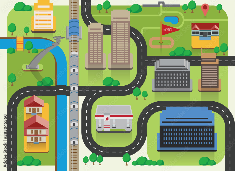 Flat Map Eco City Direction With Building Icons. Navigation With ...