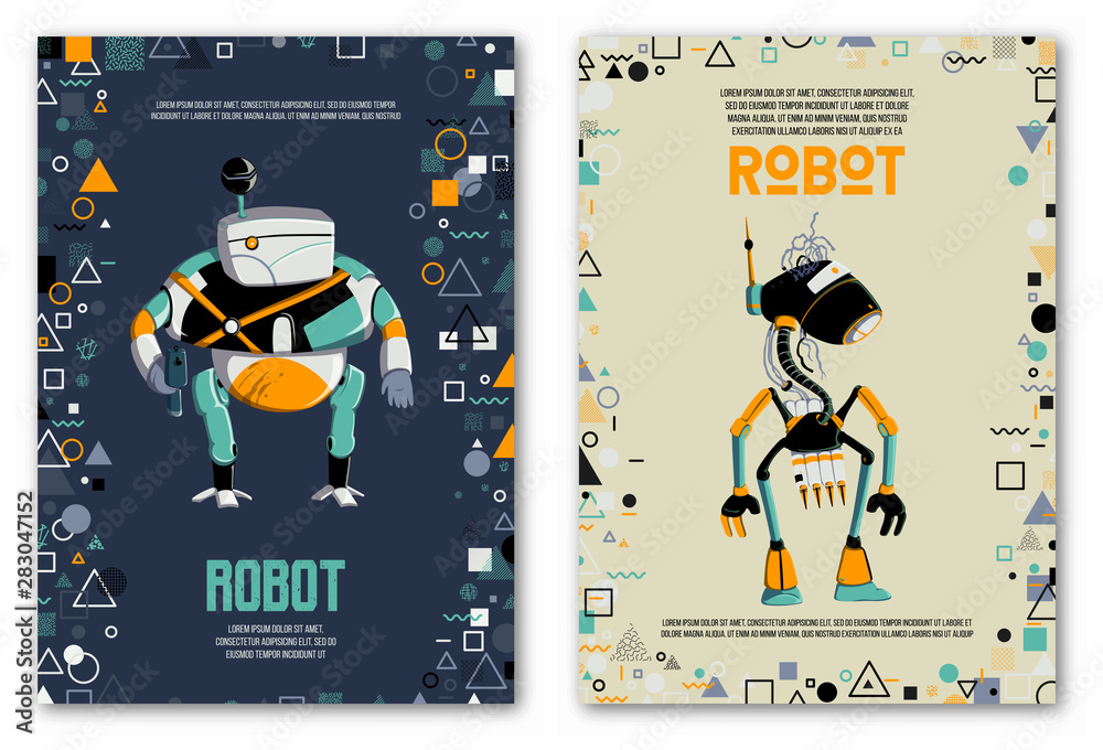 Design template with robots characters and geometric shapes. Technology ...